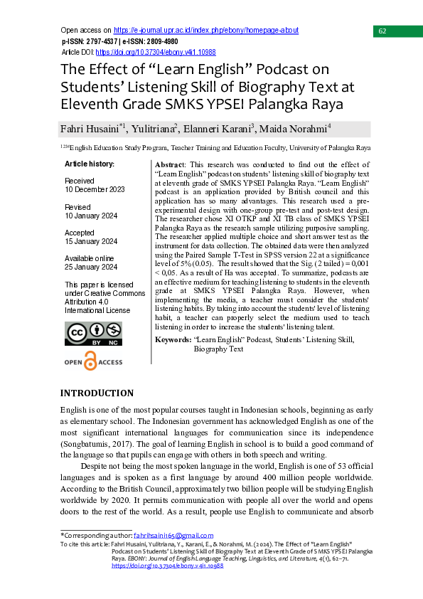 (PDF) Effect of "Learn English" Podcast on Students' Listening Skill of ...