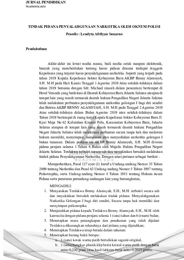 (PDF) TINDAK PIDANA PENYALAHGUNAAN NARKOTIKA OLEH OKNUM POLISI