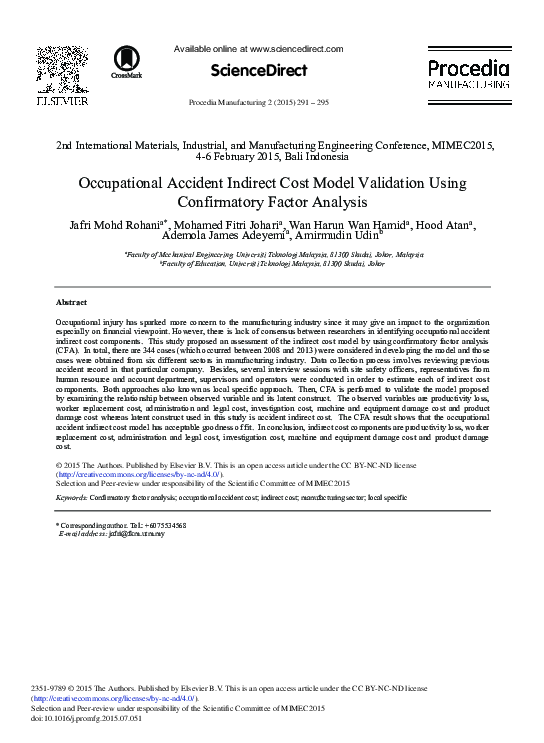 (PDF) Occupational Accident Indirect Cost Model Validation Using Confirmatory Factor Analysis