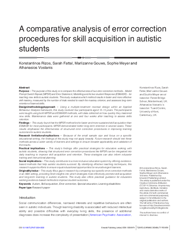 (PDF) A comparative analysis of error correction procedures for skill acquisition in autistic ...