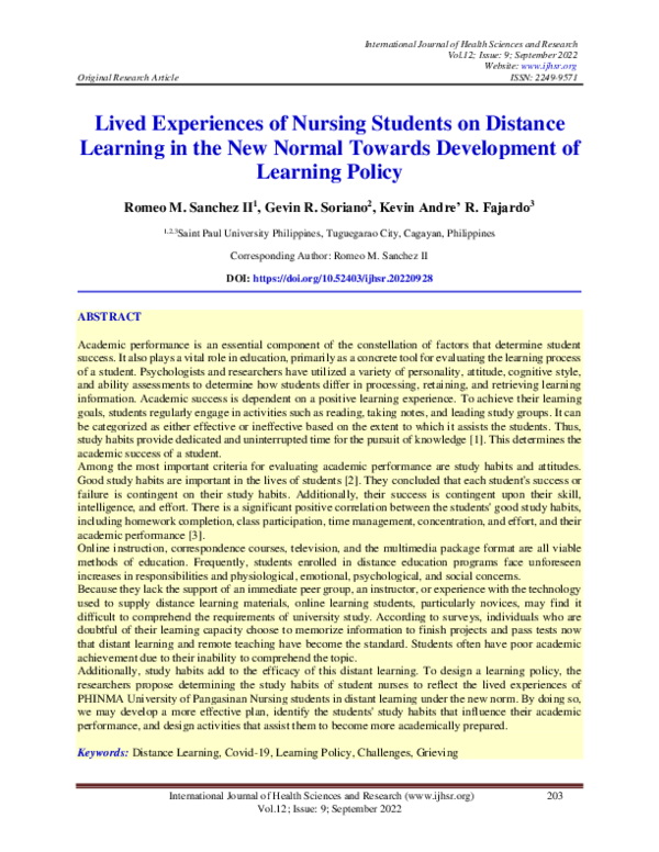 (PDF) Lived Experiences of Nursing Students on Distance Learning in the New Normal Towards ...