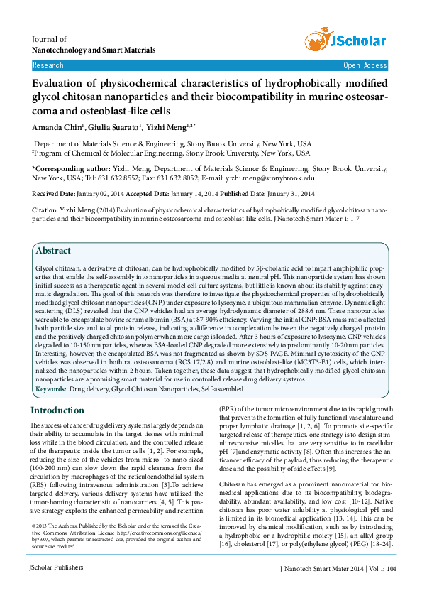 (PDF) Evaluation of physicochemical characteristics of hydrophobically modified glycol chitosan ...