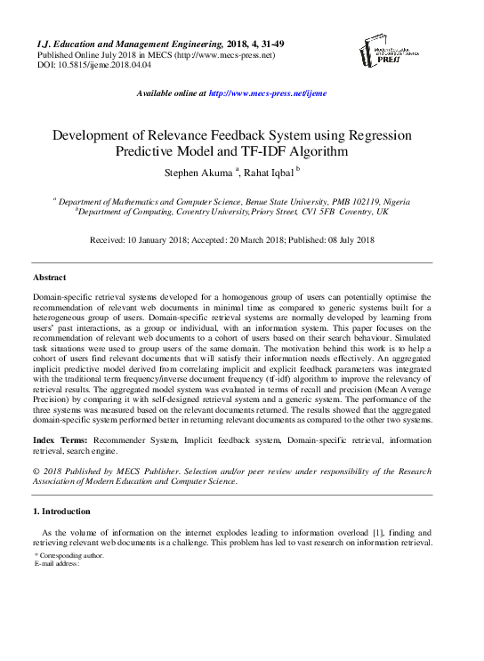 (PDF) Development of Relevance Feedback System using Regression Predictive Model and TF-IDF ...