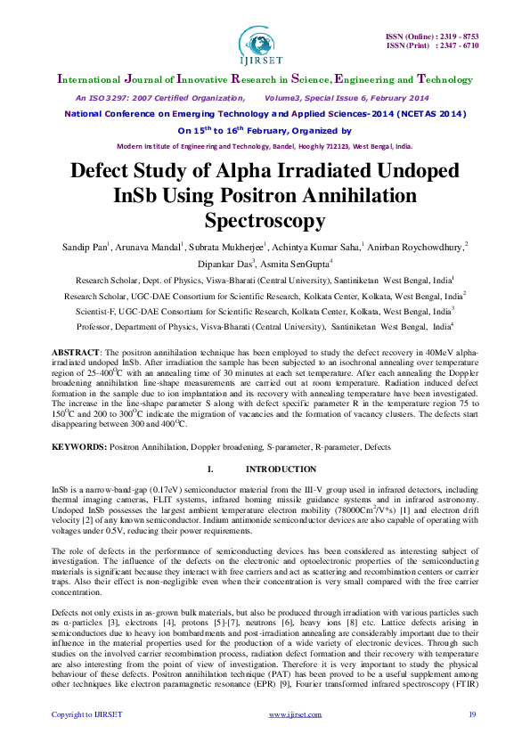 (PDF) Defect study of Alpha irradiated undoped INSB using Positron ...