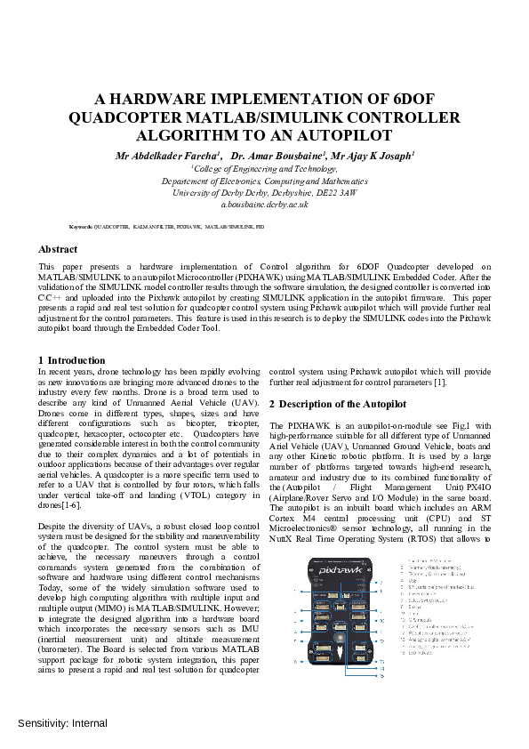 Pdf A Hardware Implementation Of 6dof Quadcopter Matlabsimulink Controller Algorithm To An