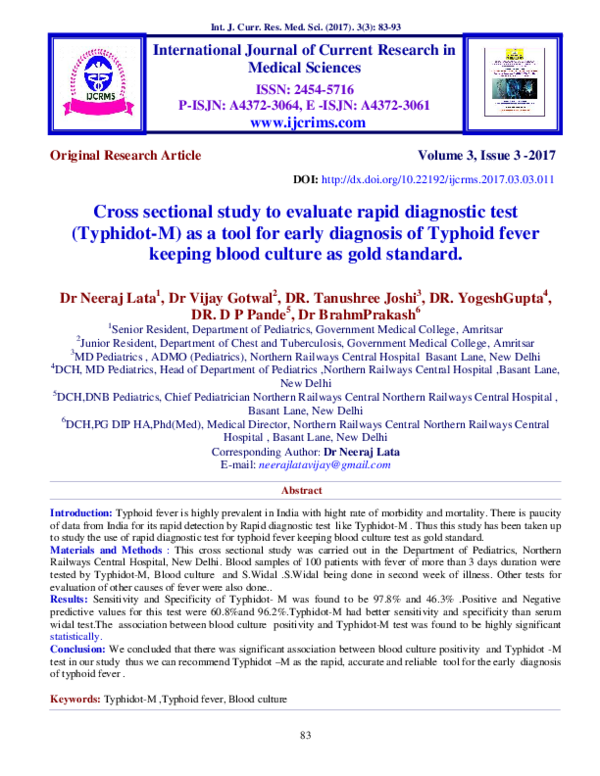 (PDF) Cross sectional study to evaluate rapid diagnostic test (Typhidot ...