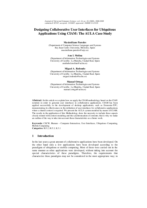 (PDF) Designing Collaborative User Interfaces for Ubiquitous Applications Using CIAM: The AULA ...