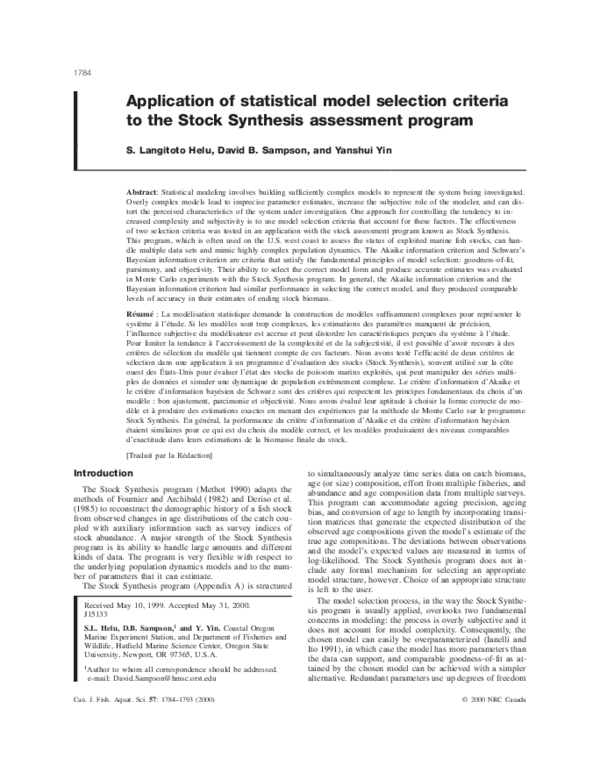 (PDF) Application of statistical model selection criteria to the Stock Synthesis assessment program
