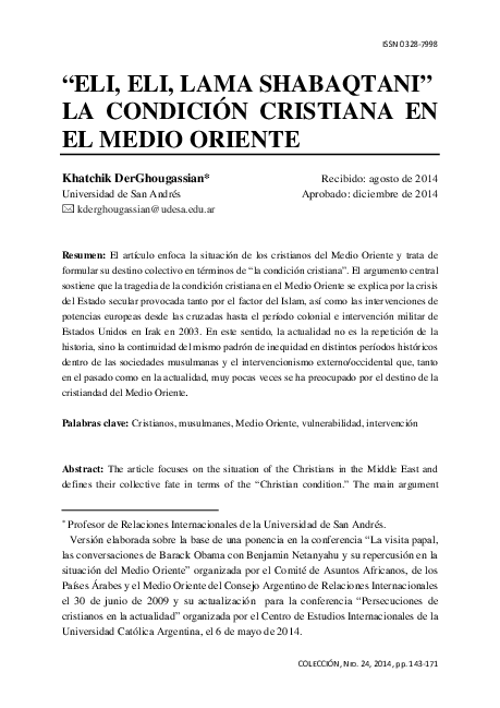 (PDF) Eli, Eli, Lama Shabaqtani” la condición cristiana en el Medio Oriente