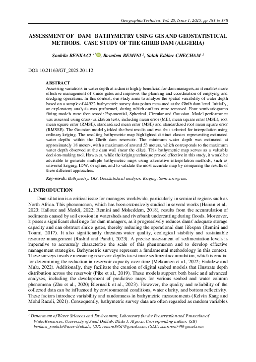 (PDF) ASSESSMENT OF DAM BATHYMETRY USING GIS AND GEOSTATISTICAL METHODS. CASE STUDY OF THE GHRIB ...