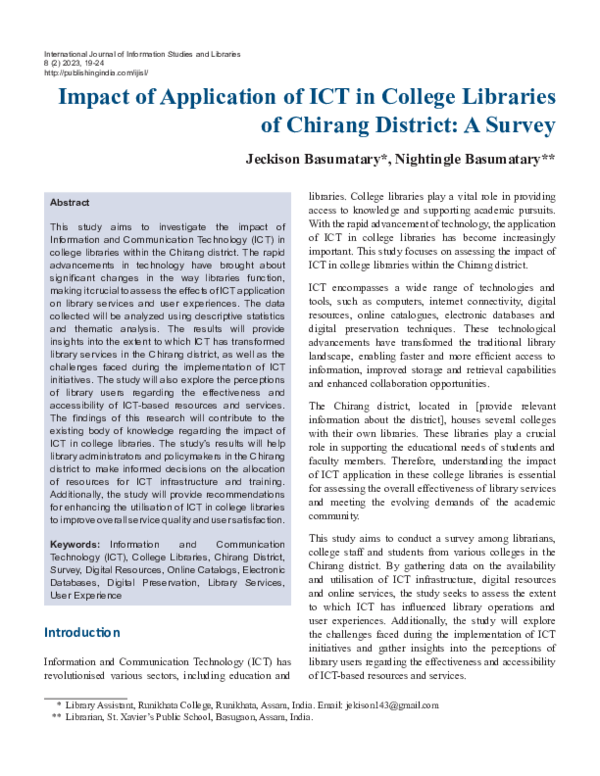 (PDF) Impact of Application of ICT in College Libraries of Chirang ...
