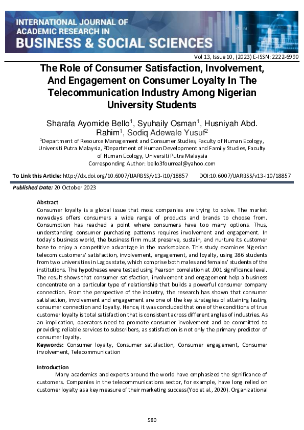 (PDF) The Role Of Consumer Satisfaction, Involvement, And Engagement On ...