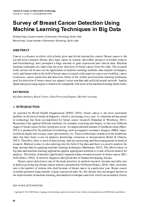 (PDF) Survey of Breast Cancer Detection Using Machine Learning Techniques in Big Data
