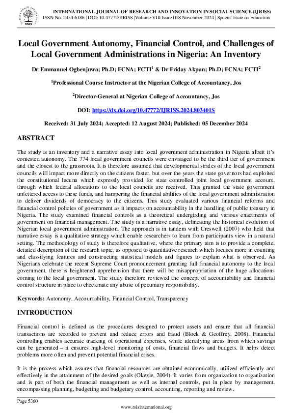 (PDF) Local Government Autonomy, Financial Control, and Challenges of ...
