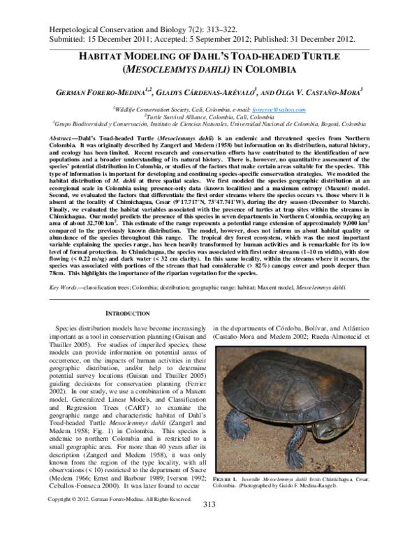 (PDF) Habitat modeling of Dahl's toad-headed turtle (Mesoclemmys Dahli ...