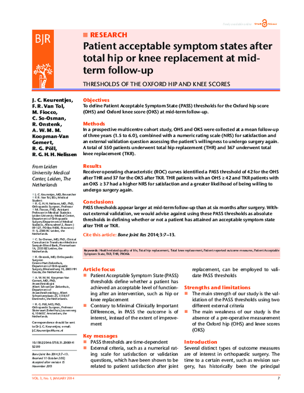 (PDF) Patient acceptable symptom states after totalhip or knee ...