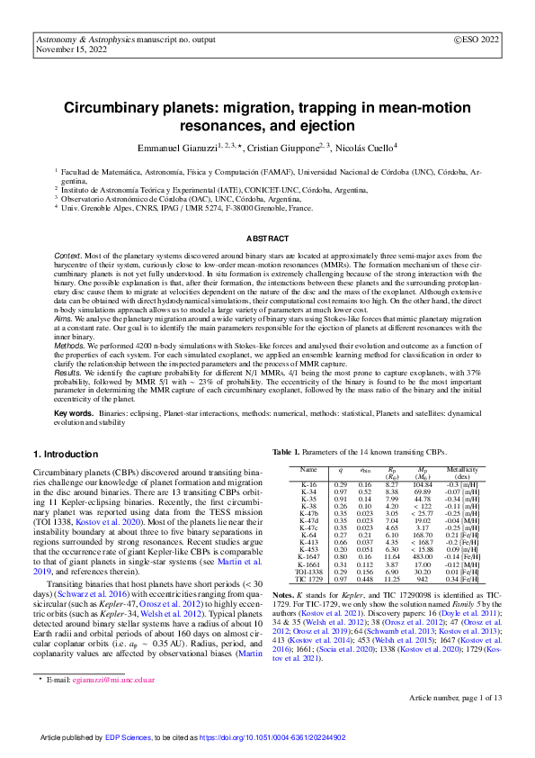 (PDF) Circumbinary planets: migration, trapping in mean-motion resonances, and ejection