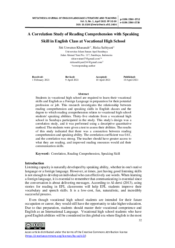 (PDF) A Correlation Study of Reading Comprehension with Speaking Skill ...