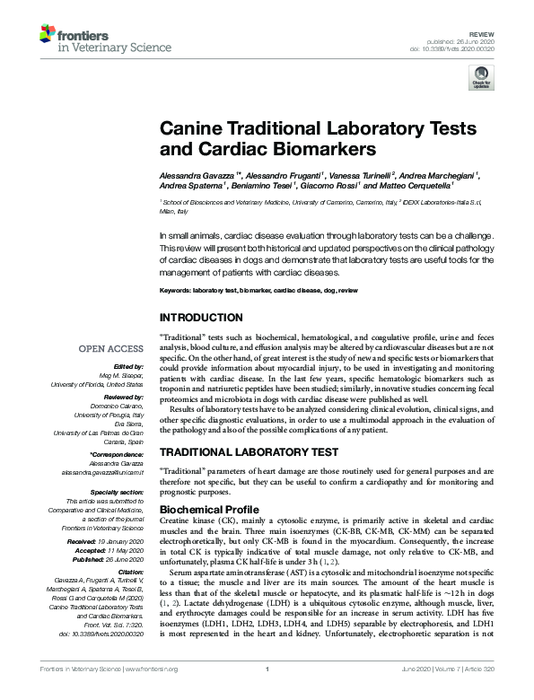 (PDF) Canine Traditional Laboratory Tests and Cardiac Biomarkers