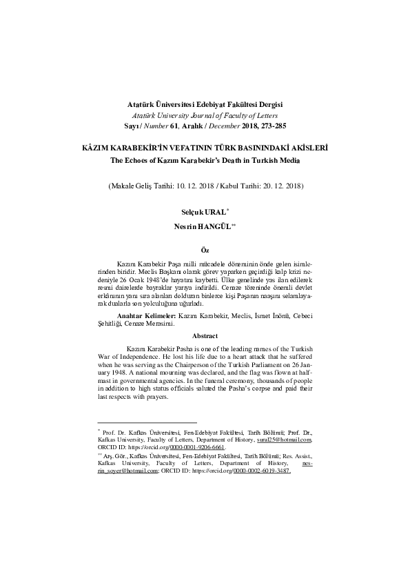 (PDF) KÂZIM KARABEKİR’İN VEFATININ TÜRK BASININDAKİ AKİSLERİ/The Echoes of Kazım Karabekir’s ...