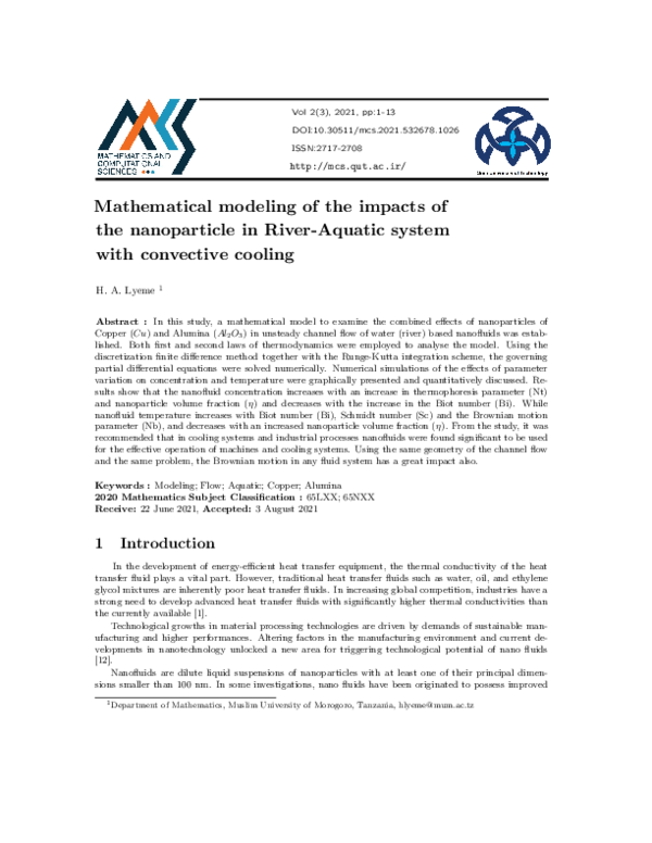 (PDF) Mathematical modeling of the impacts of the nanoparticle in River-Aquatic system with ...