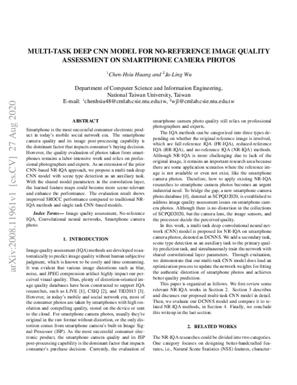 (PDF) Multi-task deep CNN model for no-reference image quality assessment on smartphone camera ...