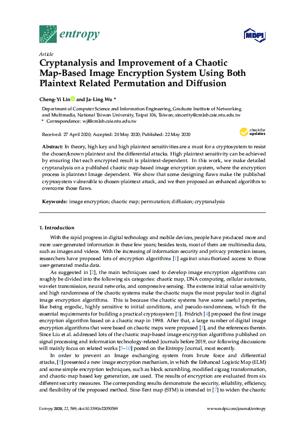 (PDF) Cryptanalysis and Improvement of a Chaotic Map-Based Image Encryption System Using Both ...