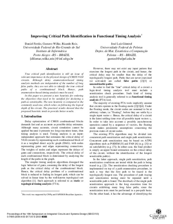 Pdf Improving Critical Path Identification In Functional Timing Analysis