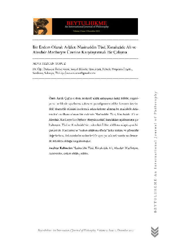 (PDF) Bir Erdem Olarak Adâlet: Nasîruddin Tûsî, Kınalızâde Ali ve ...