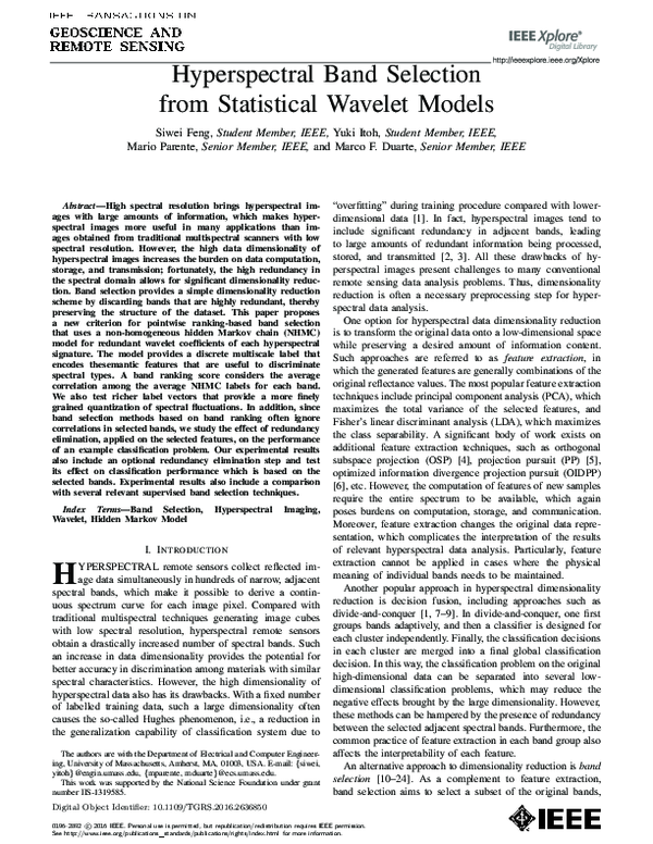 (PDF) Hyperspectral Band Selection From Statistical Wavelet Models