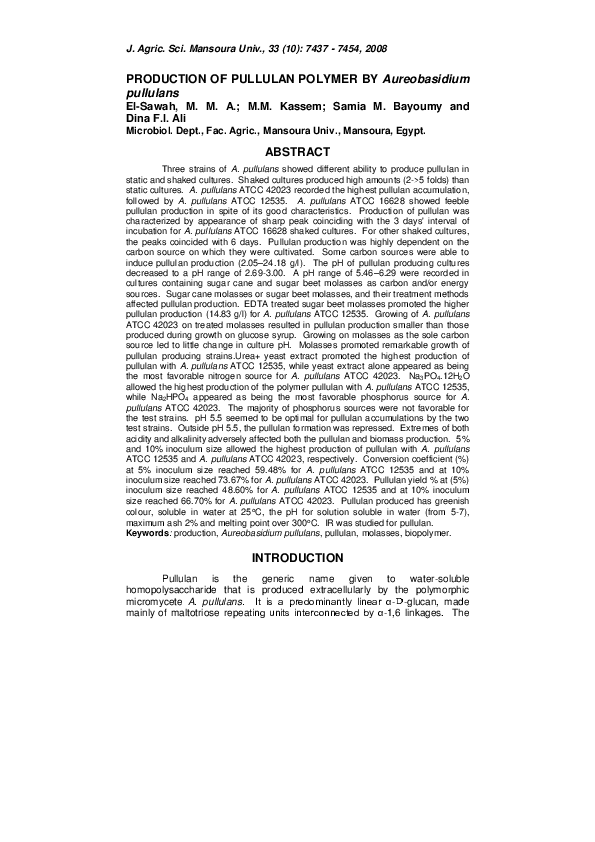 (PDF) PRODUCTION OF PULLULAN POLYMER BY Aureobasidium pullulans