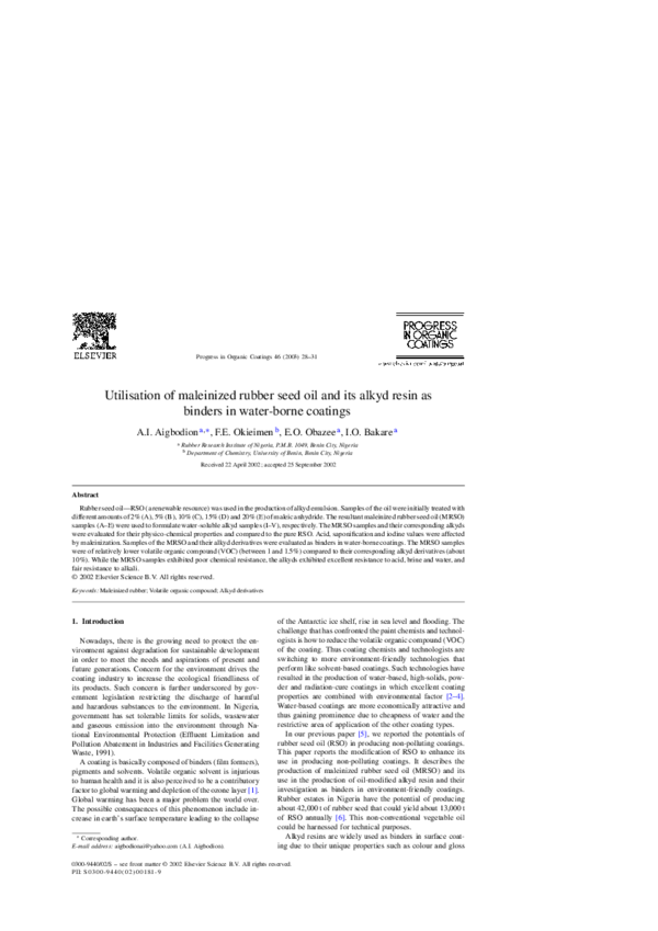 (PDF) Utilisation of maleinized rubber seed oil and its alkyd resin as binders in water-borne ...