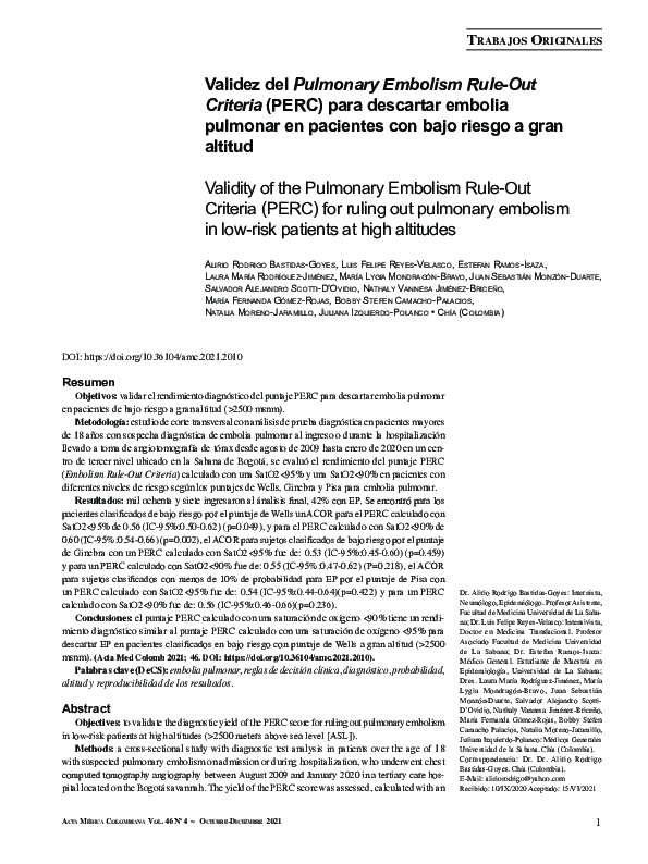 (PDF) Validez del Pulmonary Embolism Rule-Out Criteria (PERC) para ...