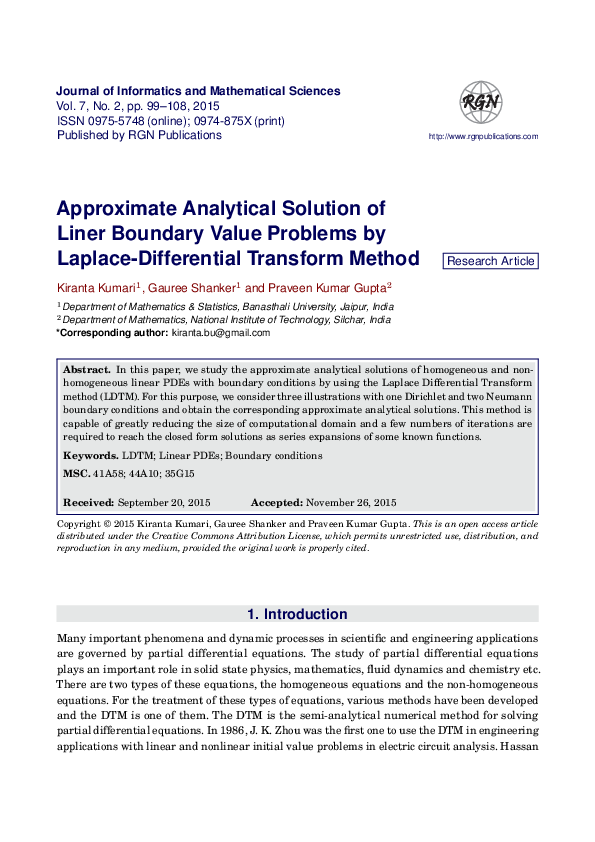 (PDF) Approximate Analytical Solution of Liner Boundary Value Problems by Laplace-Differential ...
