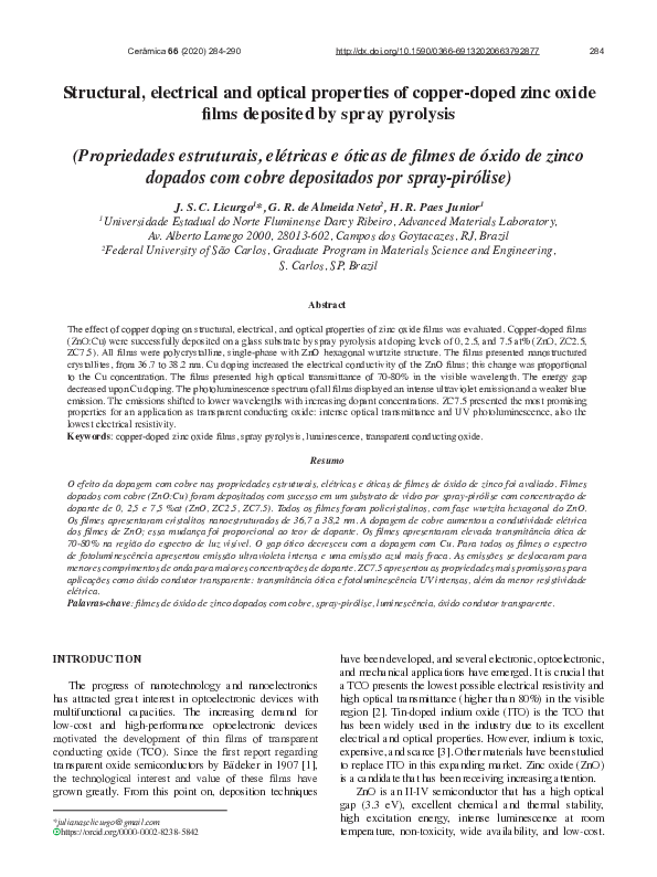 (PDF) Structural, electrical and optical properties of copper-doped zinc oxide films deposited ...