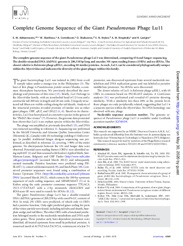 (PDF) Complete Genome Sequence of the Giant Pseudomonas Phage Lu11