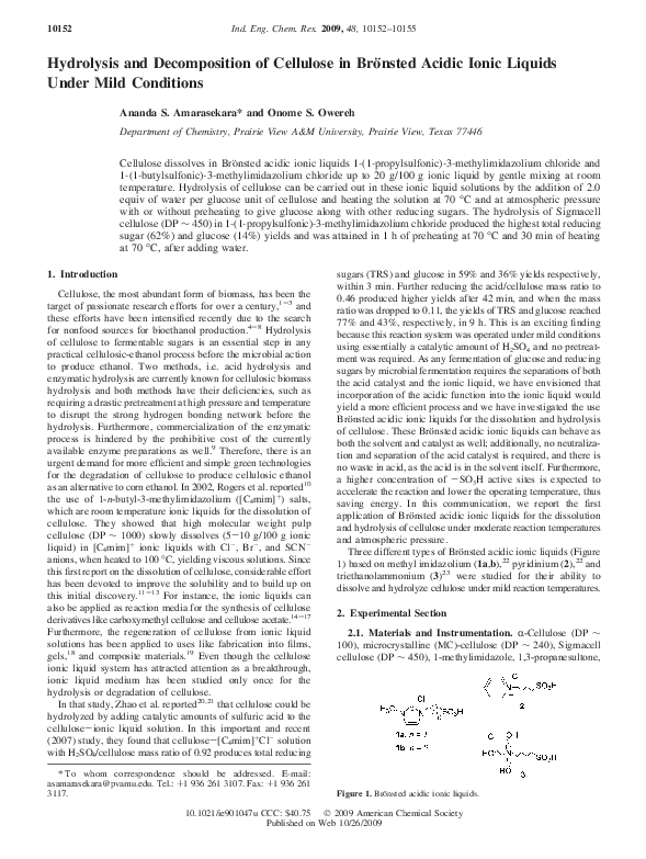 (PDF) Hydrolysis and Decomposition of Cellulose in Brönsted Acidic Ionic Liquids Under Mild ...