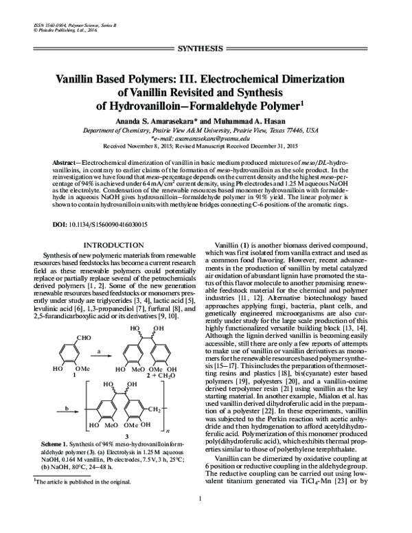 (PDF) Vanillin based polymers: III. Electrochemical dimerization of ...