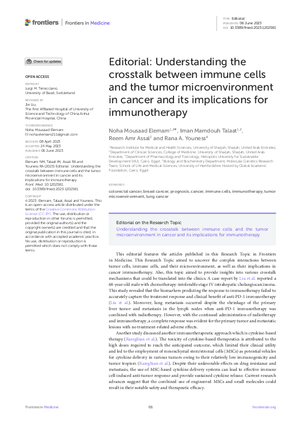 (PDF) Editorial: Understanding the crosstalk between immune cells and the tumor microenvironment ...