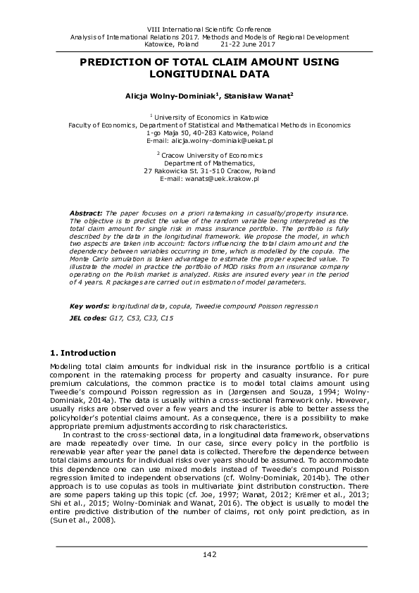 (PDF) Prediction of Total Claim Amount Using Longitudinal Data