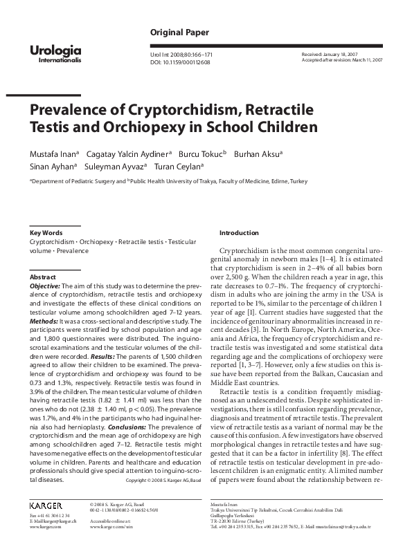 (PDF) Prevalence of Cryptorchidism, Retractile Testis and Orchiopexy in ...