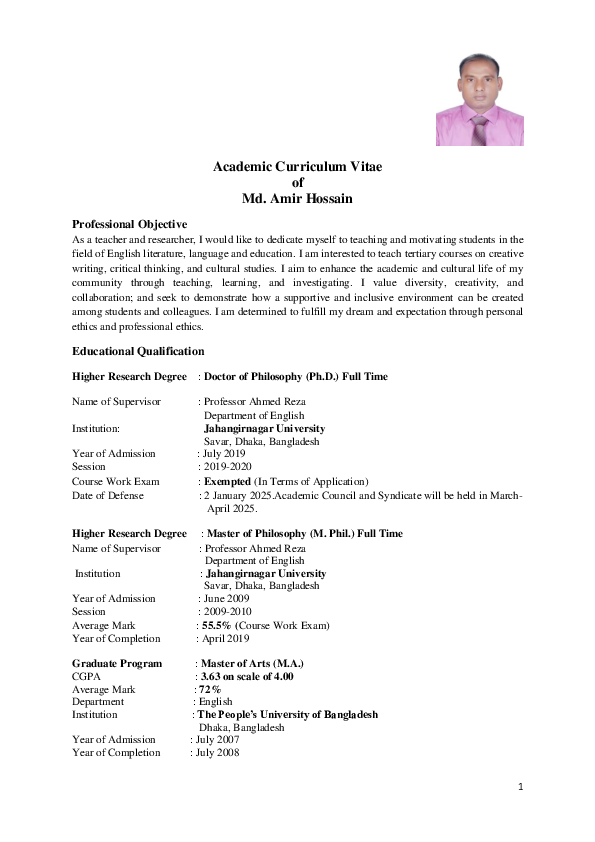 (PDF) Academic Curriculum Vitae of Md. Amir Hossain Professional Objective