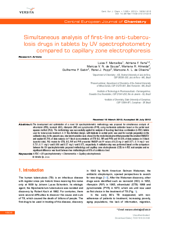 (PDF) Simultaneous analysis of first-line anti-tuberculosis drugs in tablets by UV ...