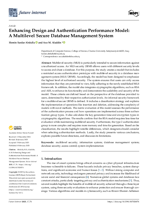 (PDF) Enhancing Design and Authentication Performance Model: A Multilevel Secure Database ...