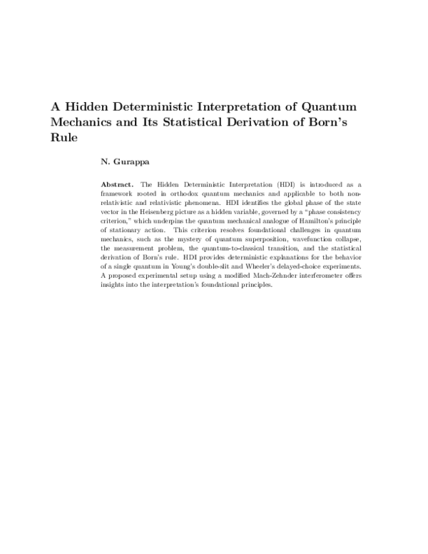 (PDF) A Hidden Deterministic Interpretation of Quantum Mechanics and Its Statistical Derivation ...