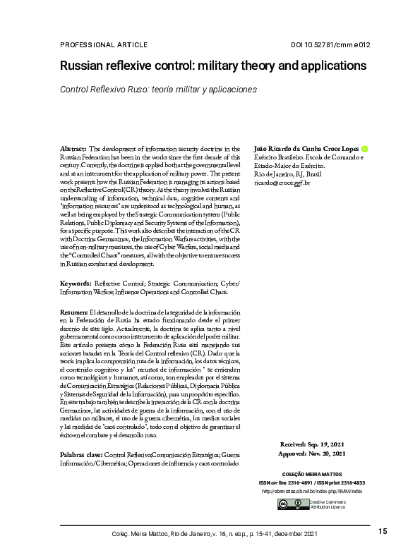 (PDF) Russian reflexive control: military theory and applications