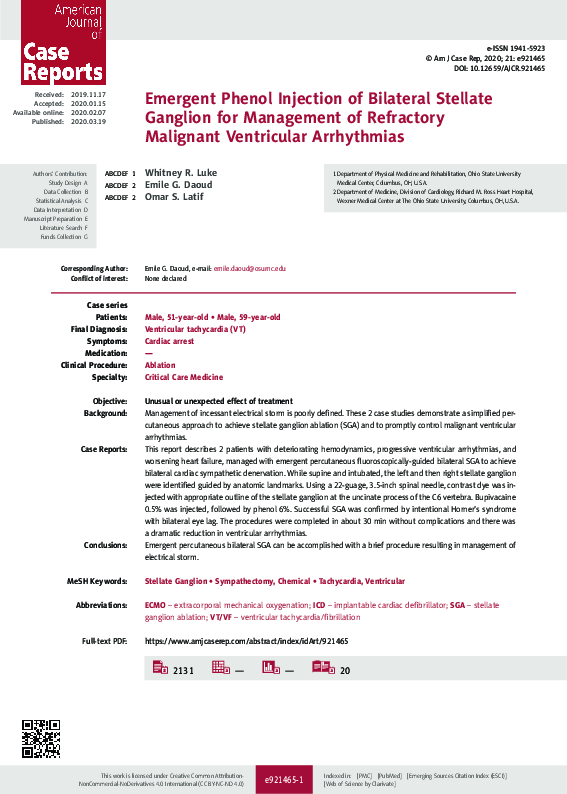 (PDF) Emergent Phenol Injection of Bilateral Stellate Ganglion for ...