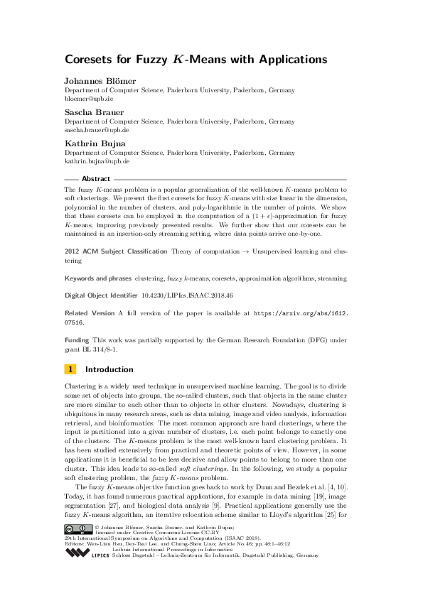 (PDF) Coresets for Fuzzy K-Means with Applications