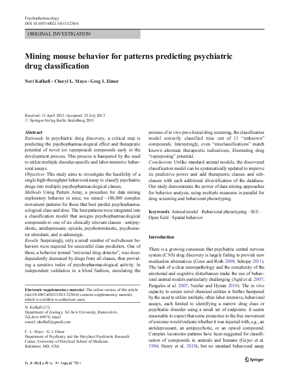 (PDF) Mining mouse behavior for patterns predicting psychiatric drug classification