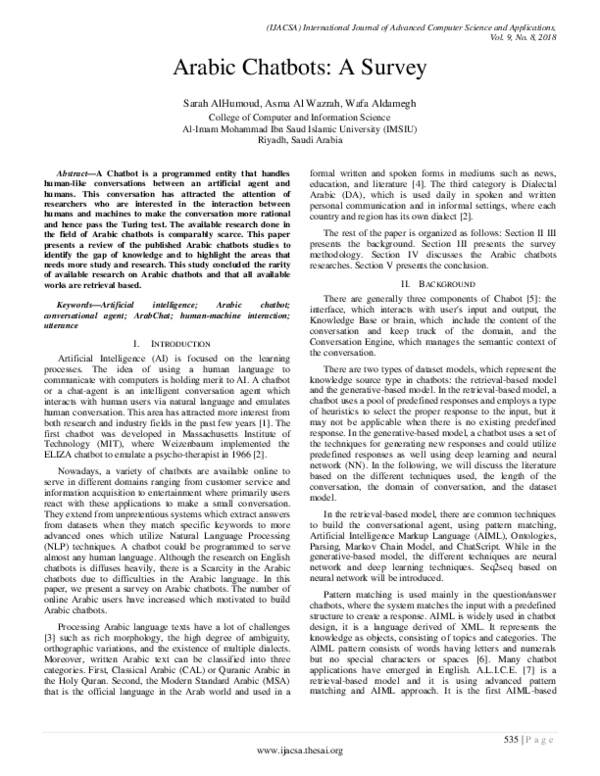 (PDF) Arabic Chatbots: A Survey